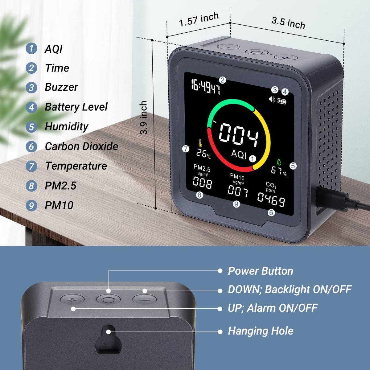 Air Quality Detector Co2 Co2,6-In-1 Pm2.5, Pm10, - K&F Concept