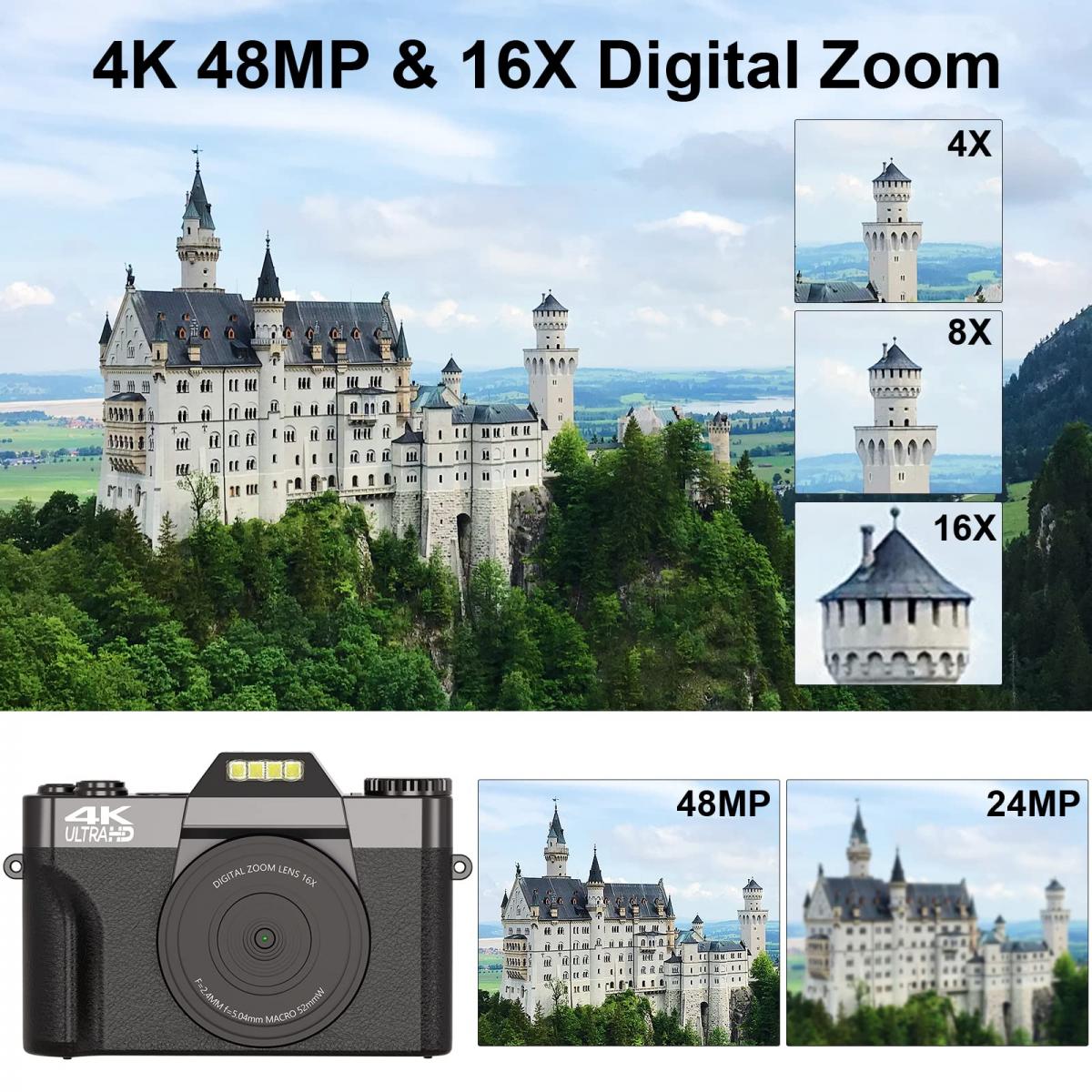 Black Digital Camera 4K 48Mp 180° 16X 52Mm 32Gb - K&F Concept