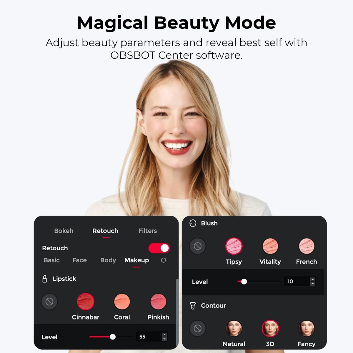 OBSBOT 4K 60 FPS Webcam for PC with 1/2" Sensor AI Framing & Autofocus Dual Mics Beauty Mode - K ...