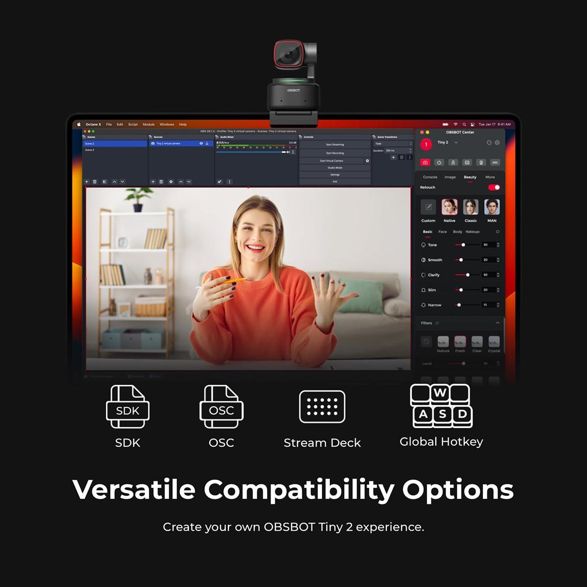 OBSBOT Tiny 2 Webcam 4K Voice Control PTZ, AI Tracking Multi-Mode ...