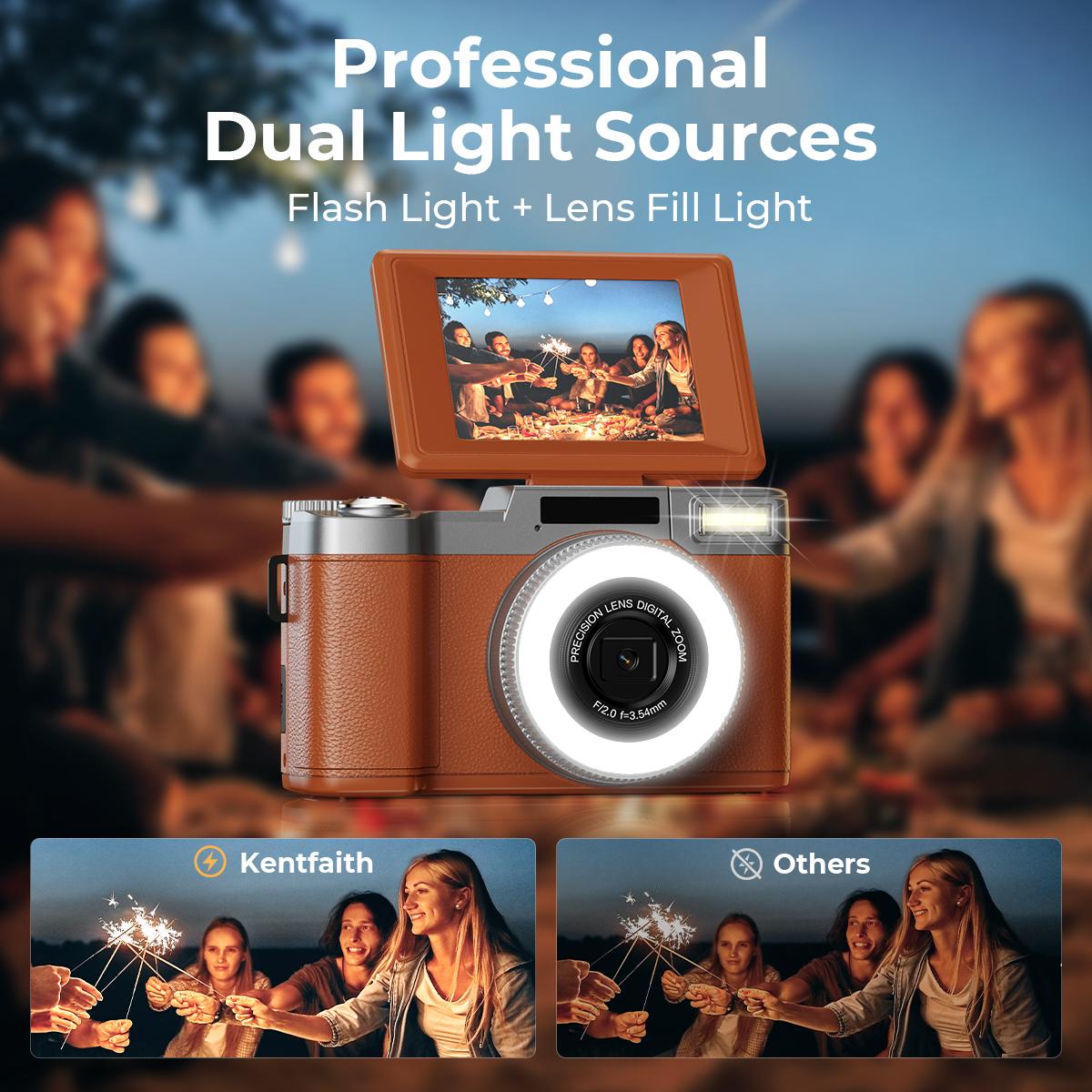 4K Digital Camera for Photography Flash + Lens Fill Light 180° Flip Screen Kentfaith - KENTFAITH