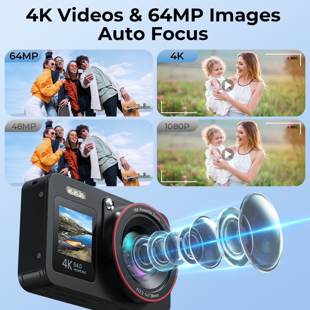 4K 64MP Digital Camera Dual Screen Selfie, 18X Zoom, 32GB Card & 2 ...