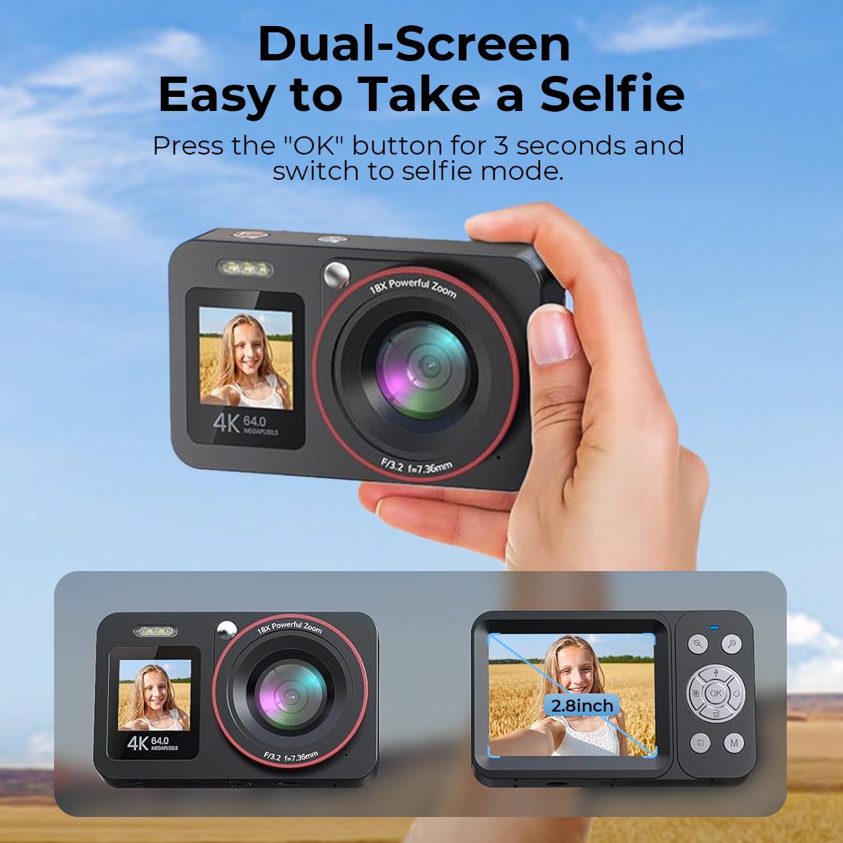 4K 64MP Digital Camera Dual Screen Selfie, 18X Zoom, 32GB Card & 2 ...