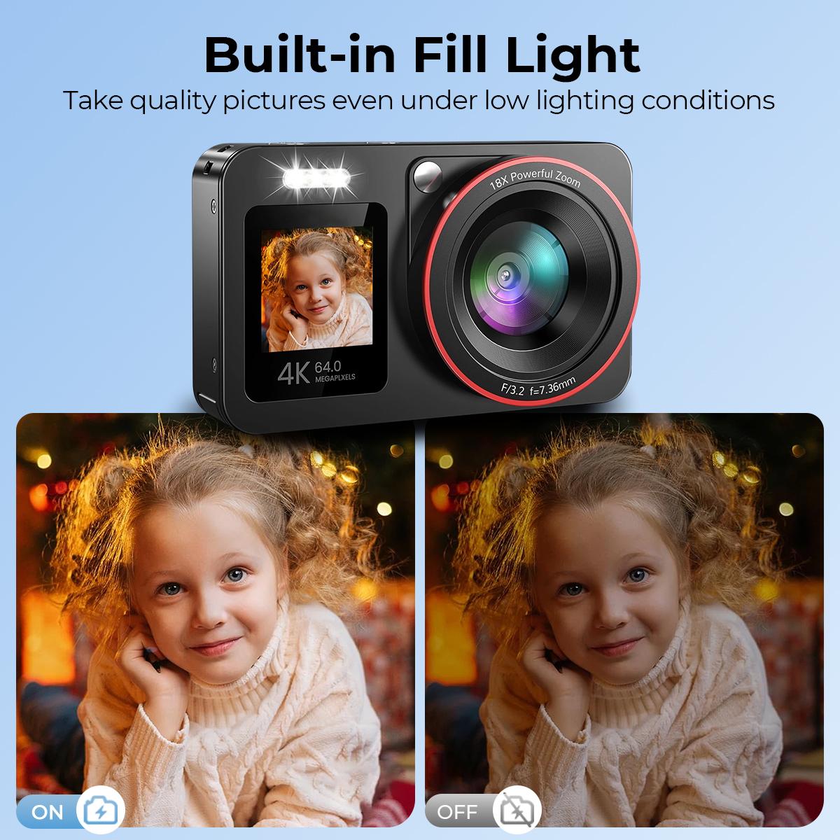 4K 64MP Digital Camera Dual Screen Selfie, 18X Zoom, 32GB Card & 2 ...