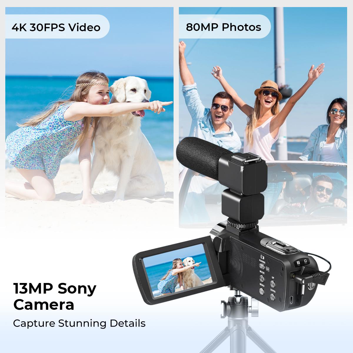 Video Camcorder with 4K 30FPS Videos, 80MP Photos, 13MP Sony CMOS ...