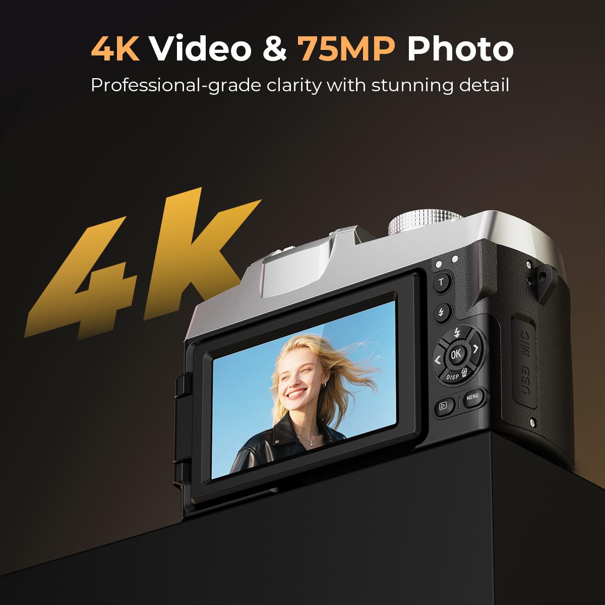 Camera With Flip Screen For Vlogging, 75Mp 4K - KENTFAITH