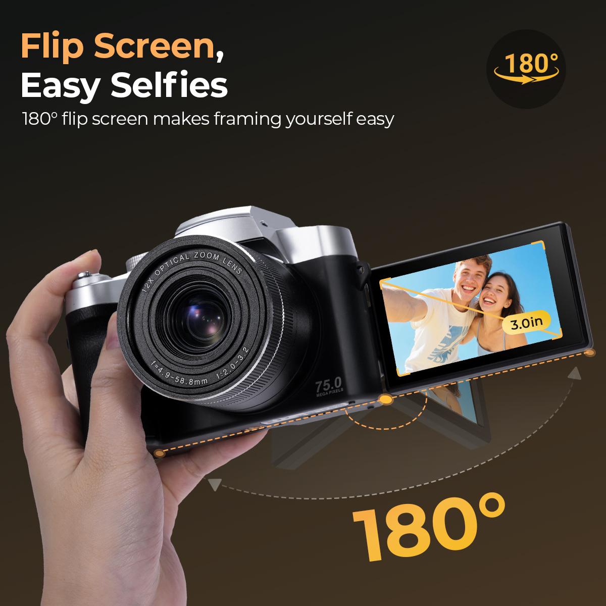 Camera With Flip Screen For Vlogging, 75Mp 4K - KENTFAITH
