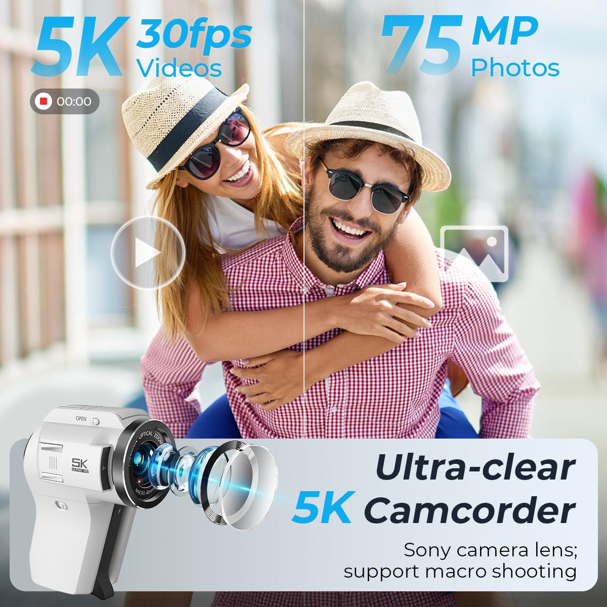 5K Video Camera with 75MP Photos, 8X Optical Zoom, WiFi Transfer ...