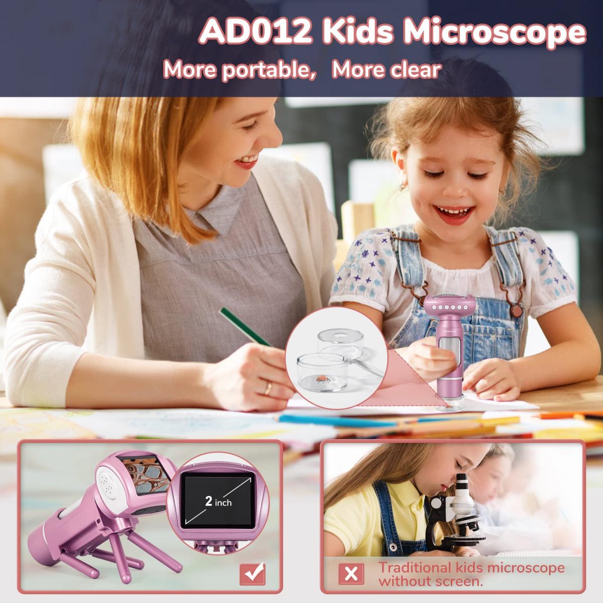 AD012 Portable Children's Microscope, Children's Microscope with 2 Inch ...