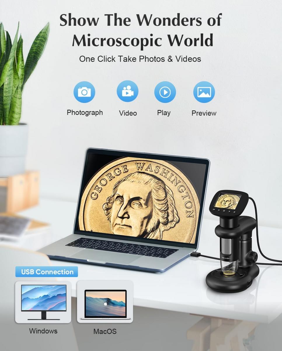 Handheld digital microscope with 2-inch LCD screen, 1000X children's ...