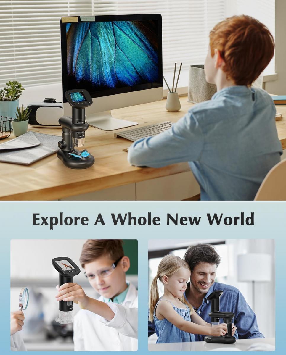 Handheld digital microscope with 2-inch LCD screen, 1000X children's ...