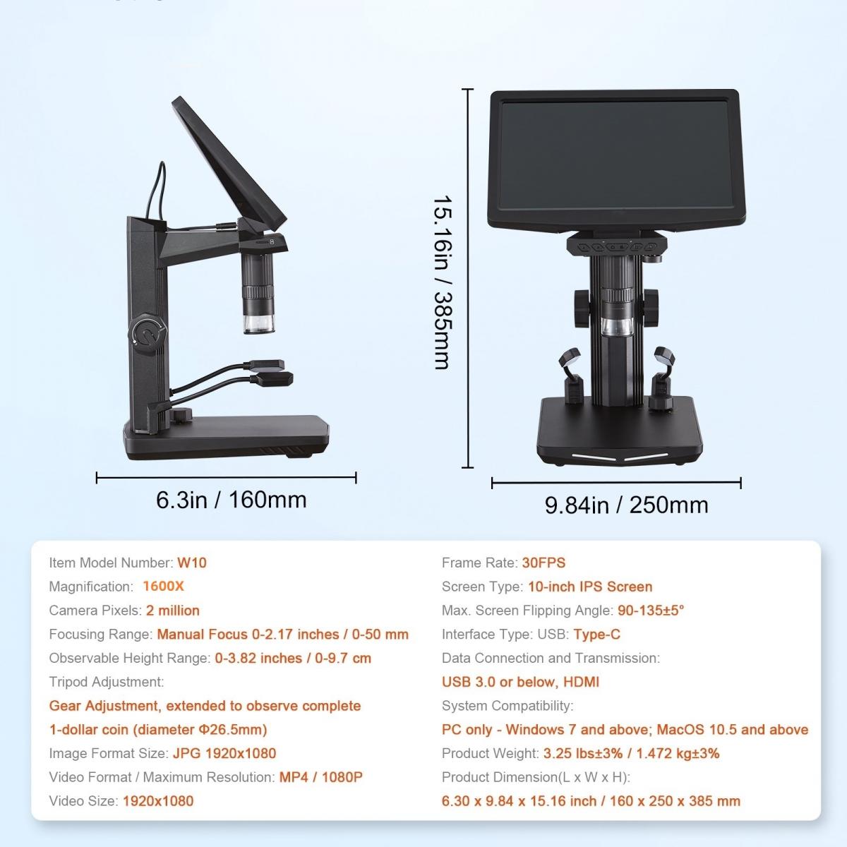 Digital Microscope For Students, 10.1" 50X-1600X - KENTFAITH