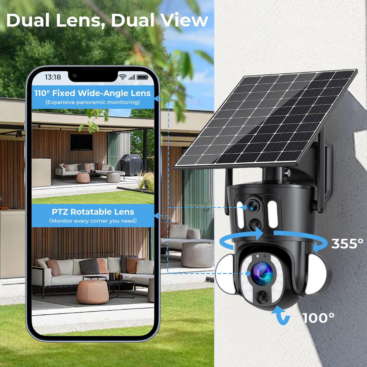 Dual-Lens Security Camera Solar Outdoor Surveillance 10X Optical Zoom 2 ...