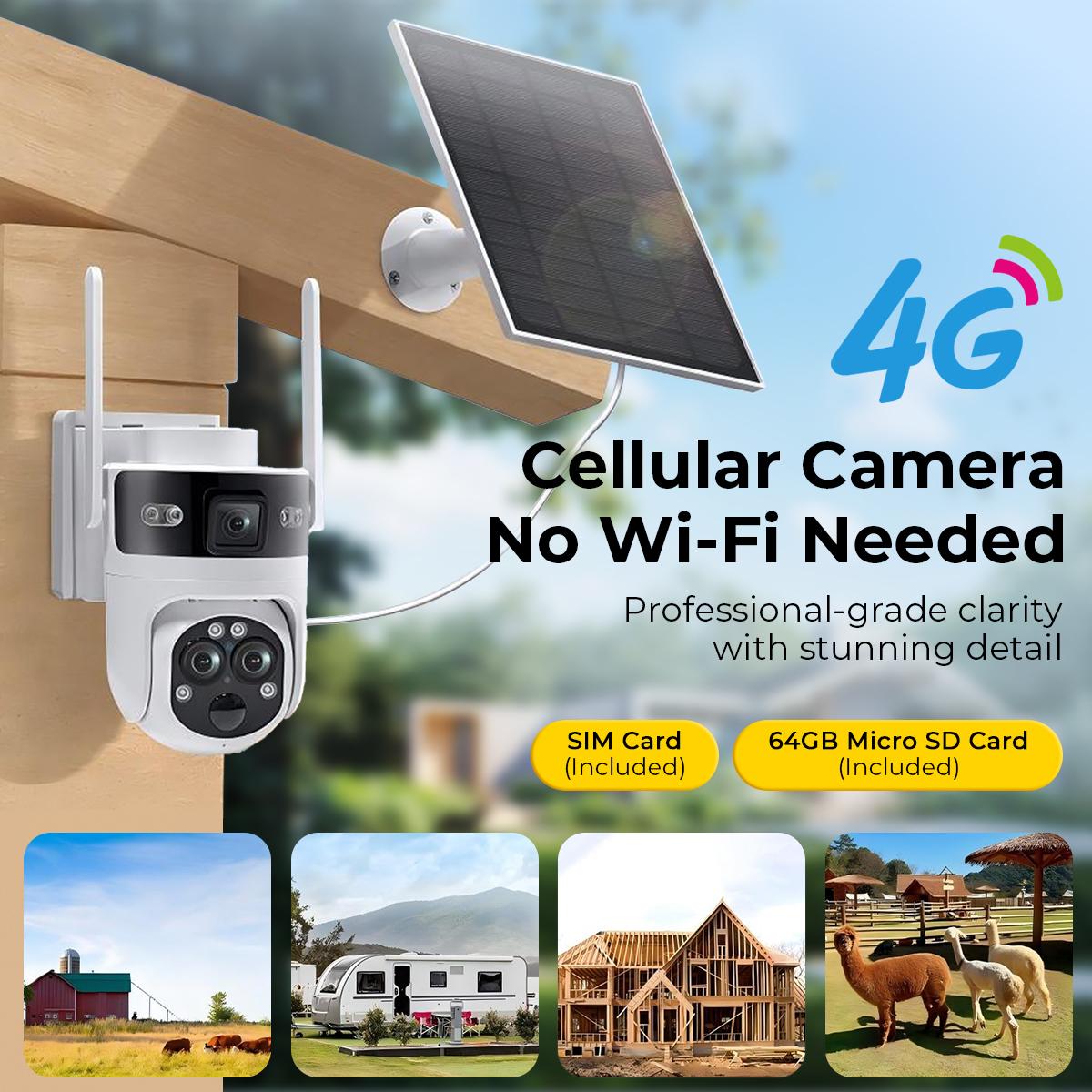 4G 3 Lens Solar Security Camera Wireless Outdoor, 6MP Full HD Video ...