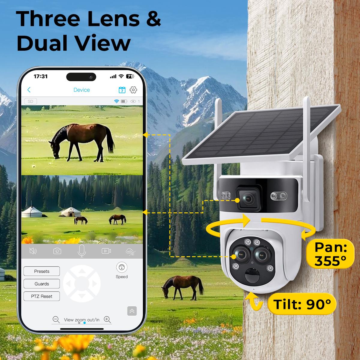 4G 3 Lens Solar Security Camera Wireless Outdoor, 6MP Full HD Video ...