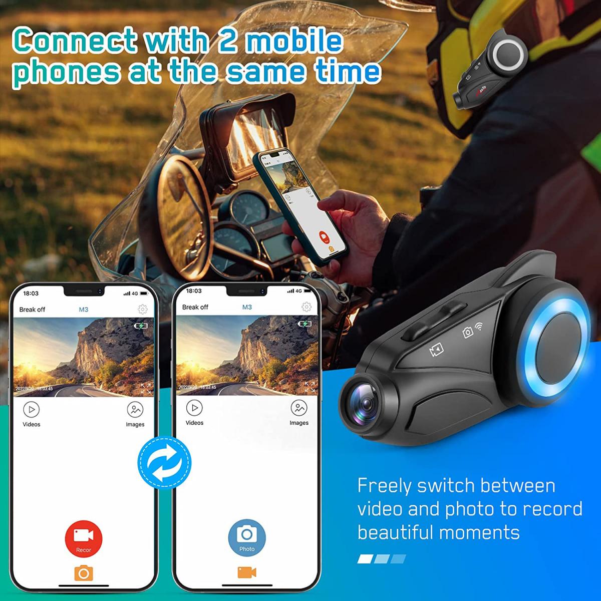 Motorcycle Bluetooth Earphone with Camera, 1080P HD Camera, Bluetooth 5 ...