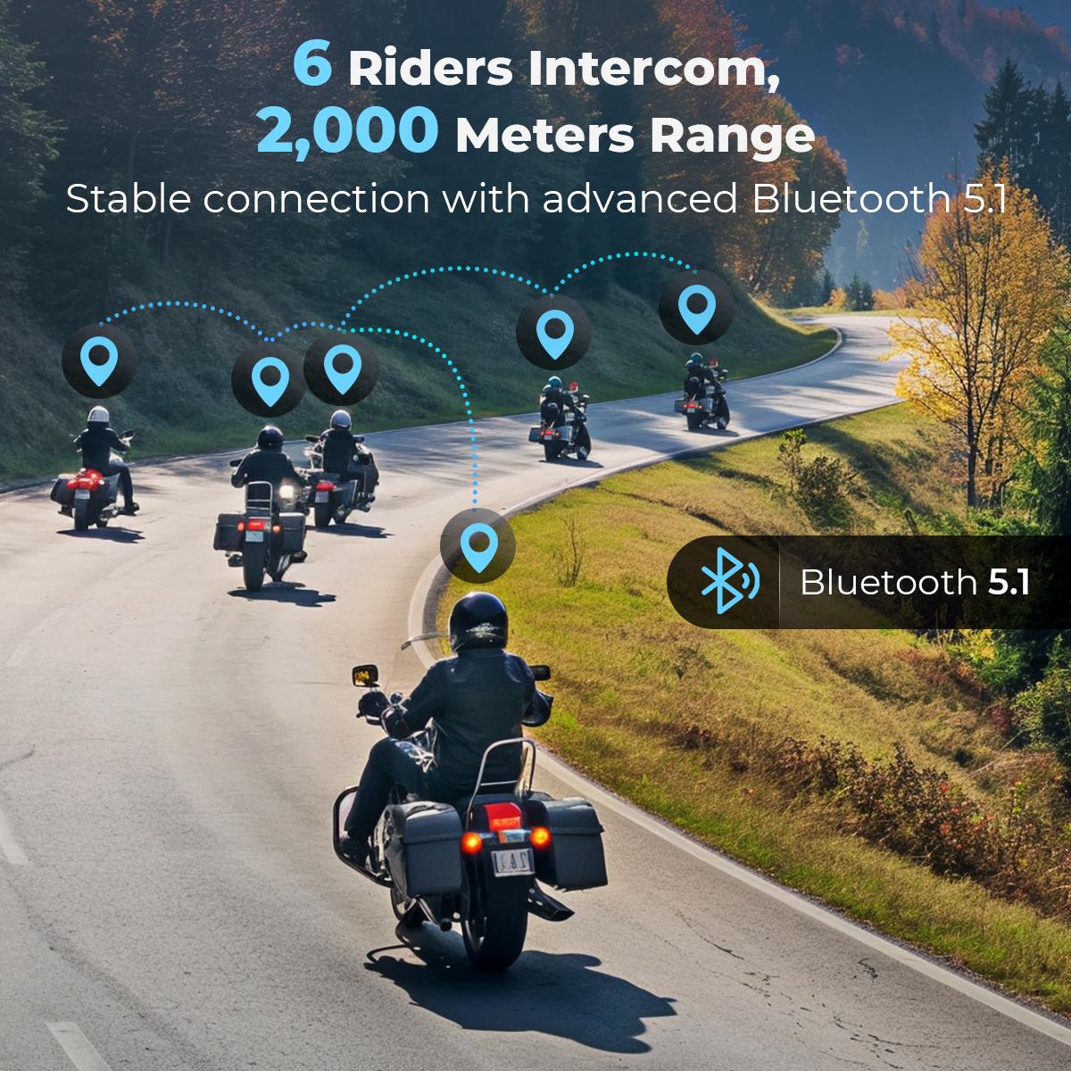 Motorcycle Bluetooth Headset with 2K Camera 6 Riders Intercom 2000m ...