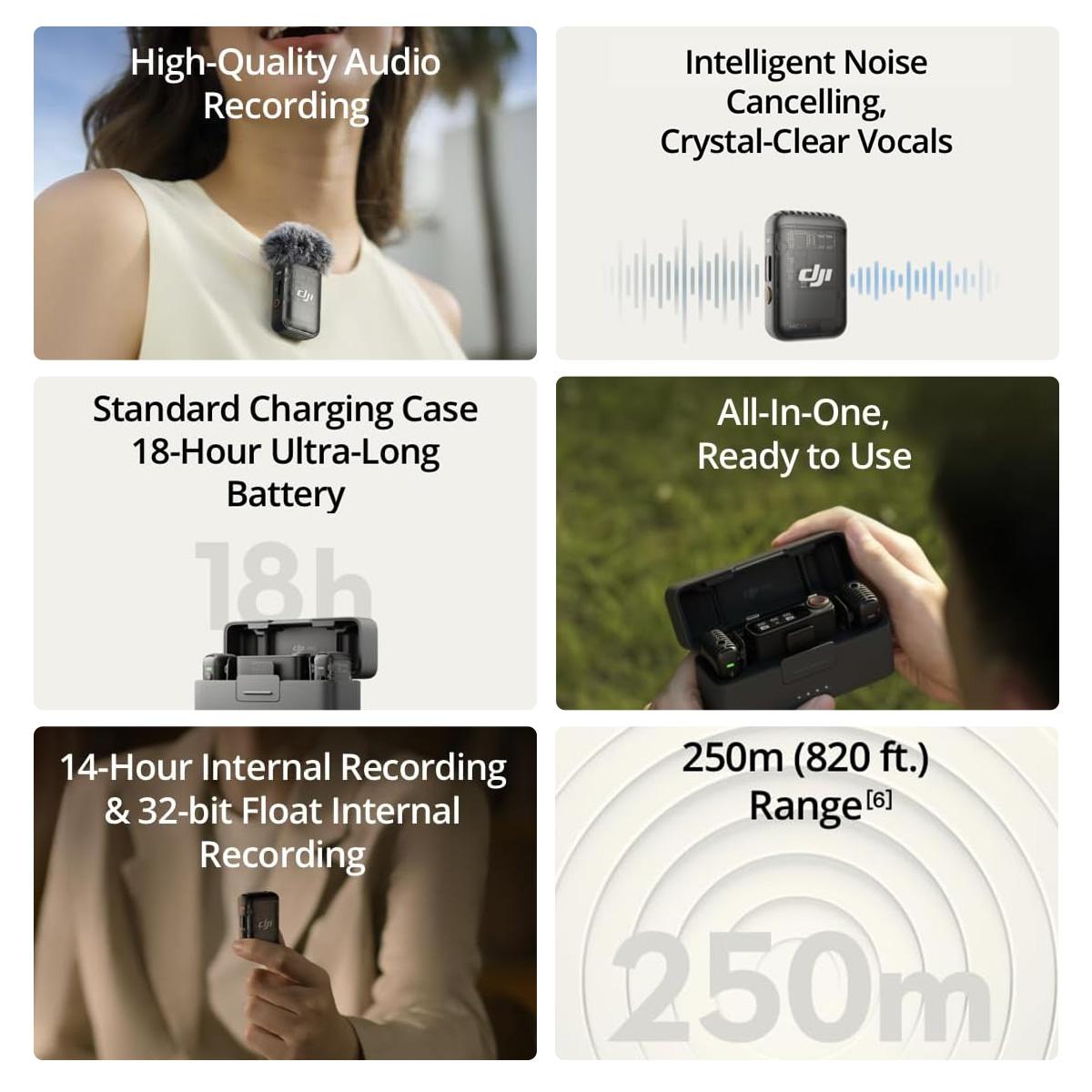 DJI Mic 2、ワイヤレスクリップマイク、ノイズ低減、48 kHz 32ビット浮動小数点内部録音、820フィート（250メートル）範囲 ...