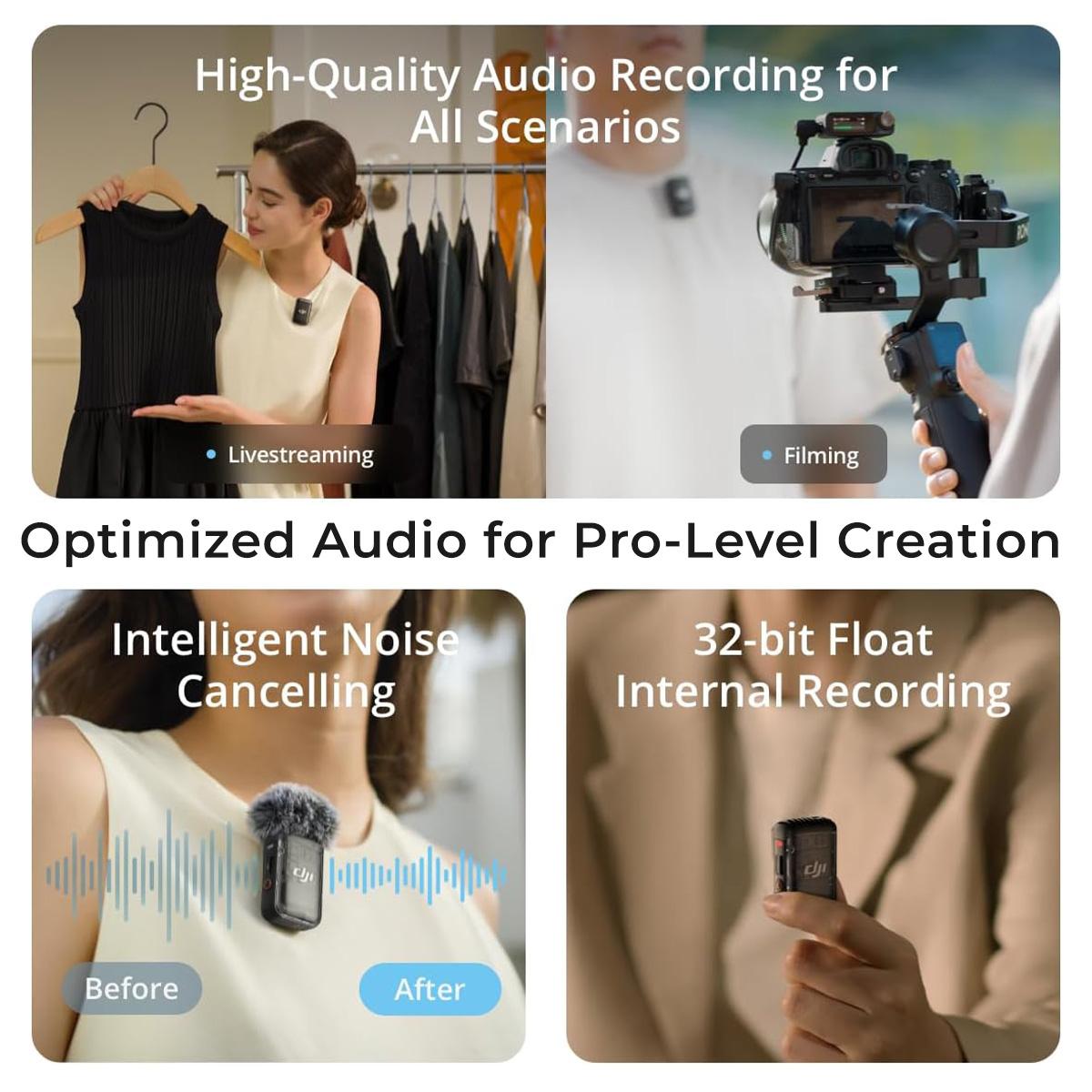 DJI Mic 2、ワイヤレスクリップマイク、ノイズ低減、48 kHz 32ビット浮動小数点内部録音、820フィート（250メートル）範囲 ...