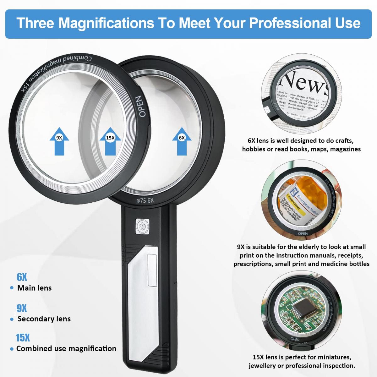 Reading Magnifier With Light Removable Dual Lens - KENTFAITH