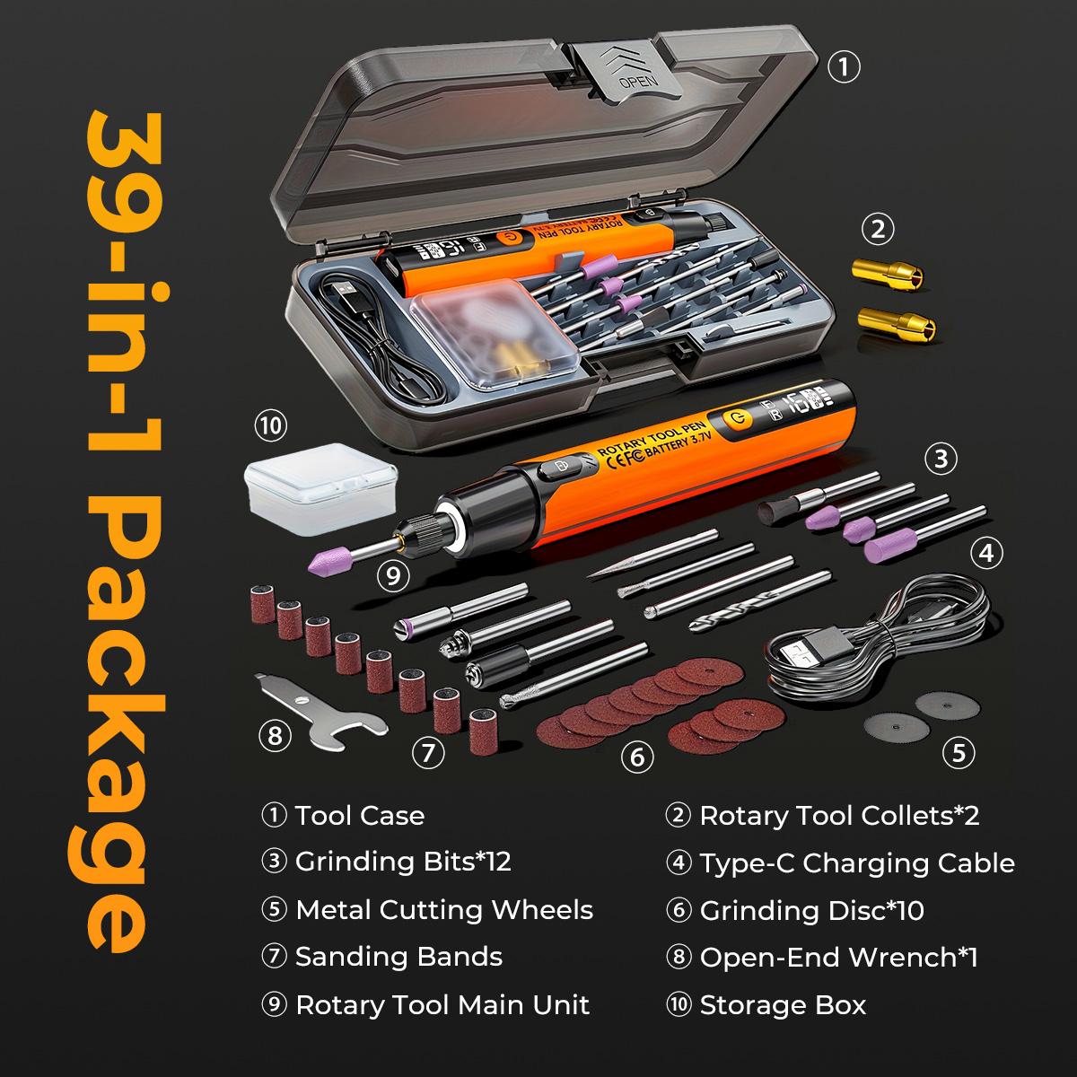 Mini Cordless Rotary Tool Kit, 39-in-1 Set, 6 Speeds Max 16000 RPM, 3 ...