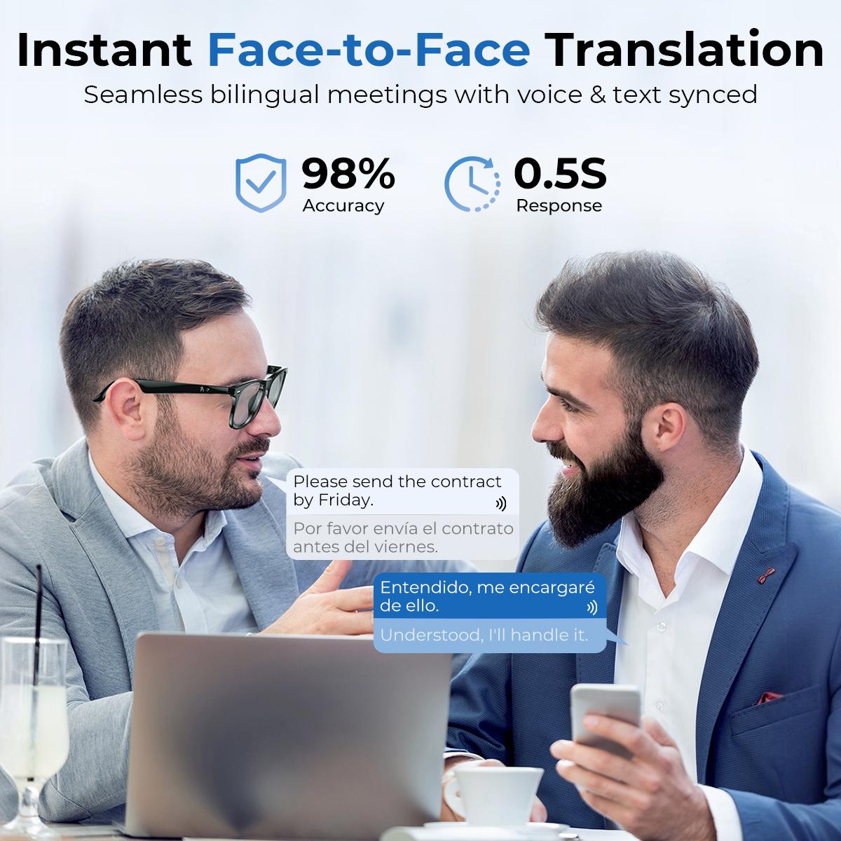 AI Smart Glasses Real-Time Translation 164 Languages Music Bluetooth 5. ...