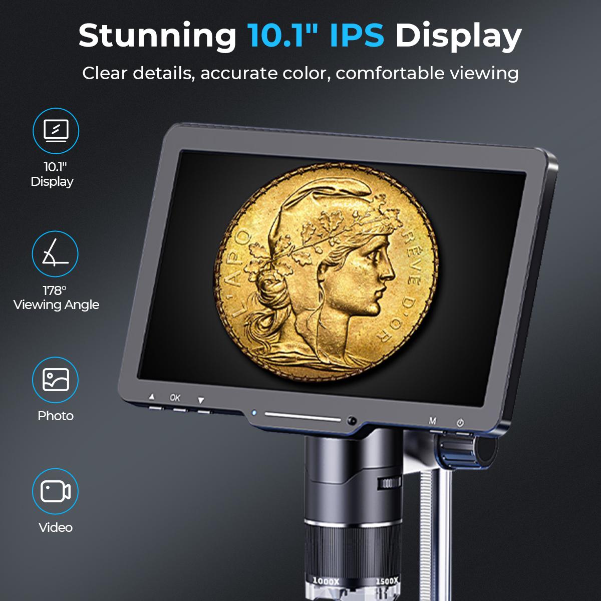 Digital Microscope with 10.1" Screen & 3 Lenses, 1000X, 1500X, 2500X ...