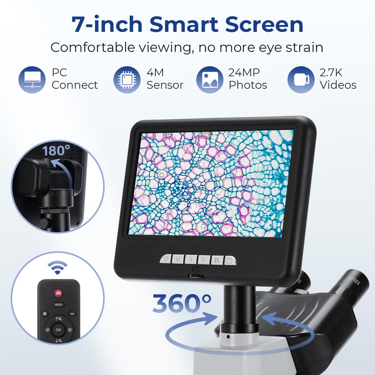 Compound Microscope with 7-inch Screen, 40X-1000X, Capture 2.7K Videos ...