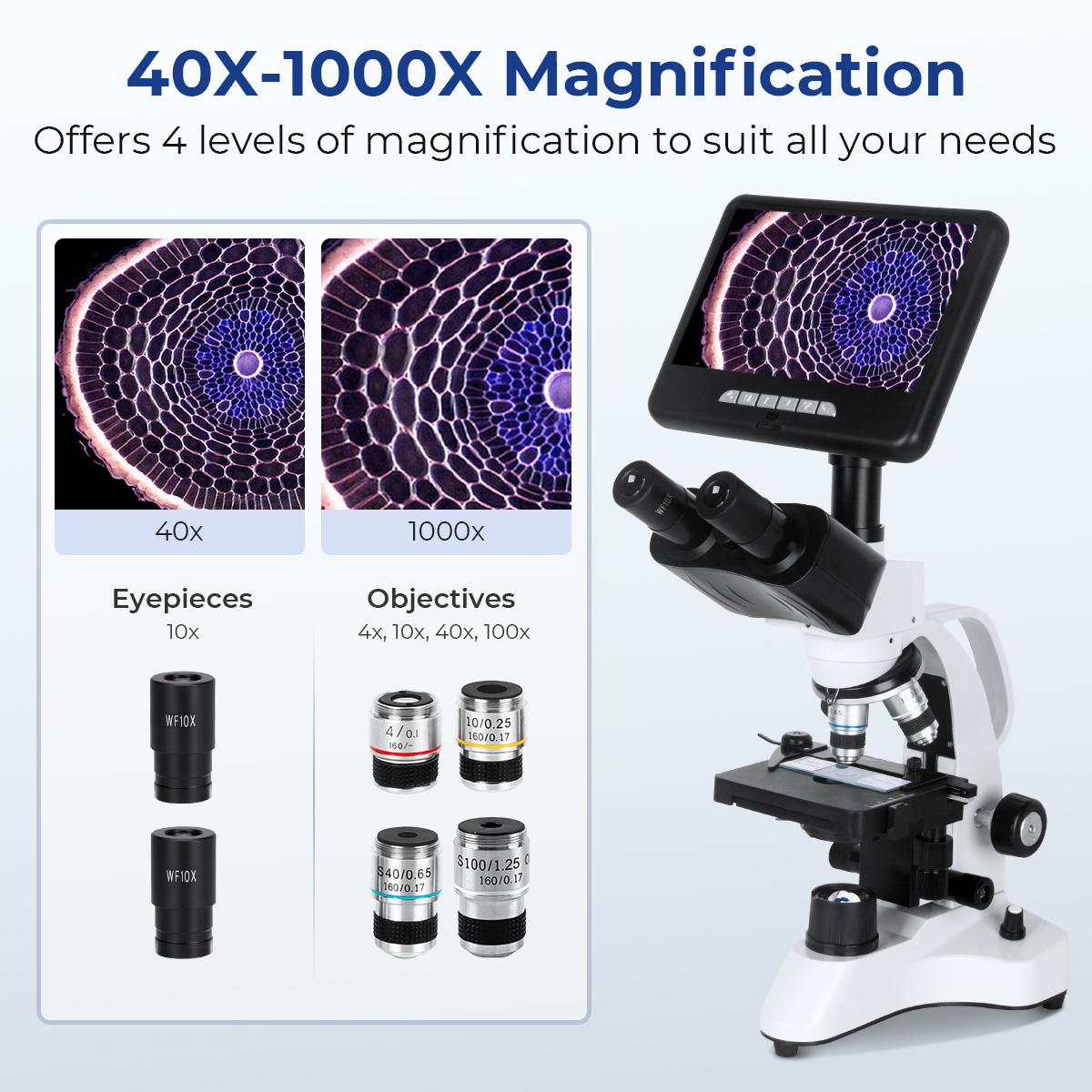 Compound Microscope with 7-inch Screen, 40X-1000X, Capture 2.7K Videos ...