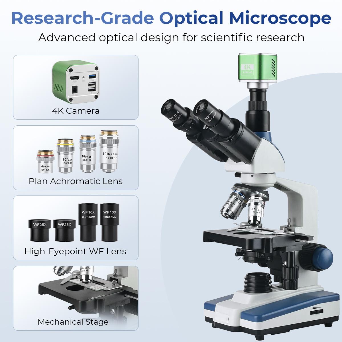 Compound Microscope with 4K Camera, 40X-2500X Magnification, PC ...