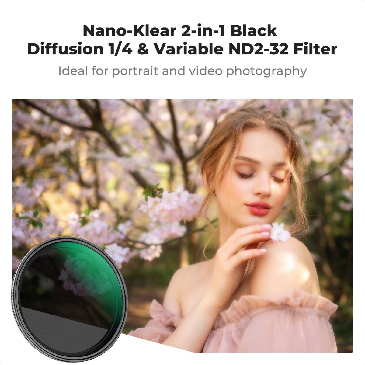 49mm Black Diffusion Mist 1/4 & Variable ND2-32 2-in-1 Filter Cinematic ...