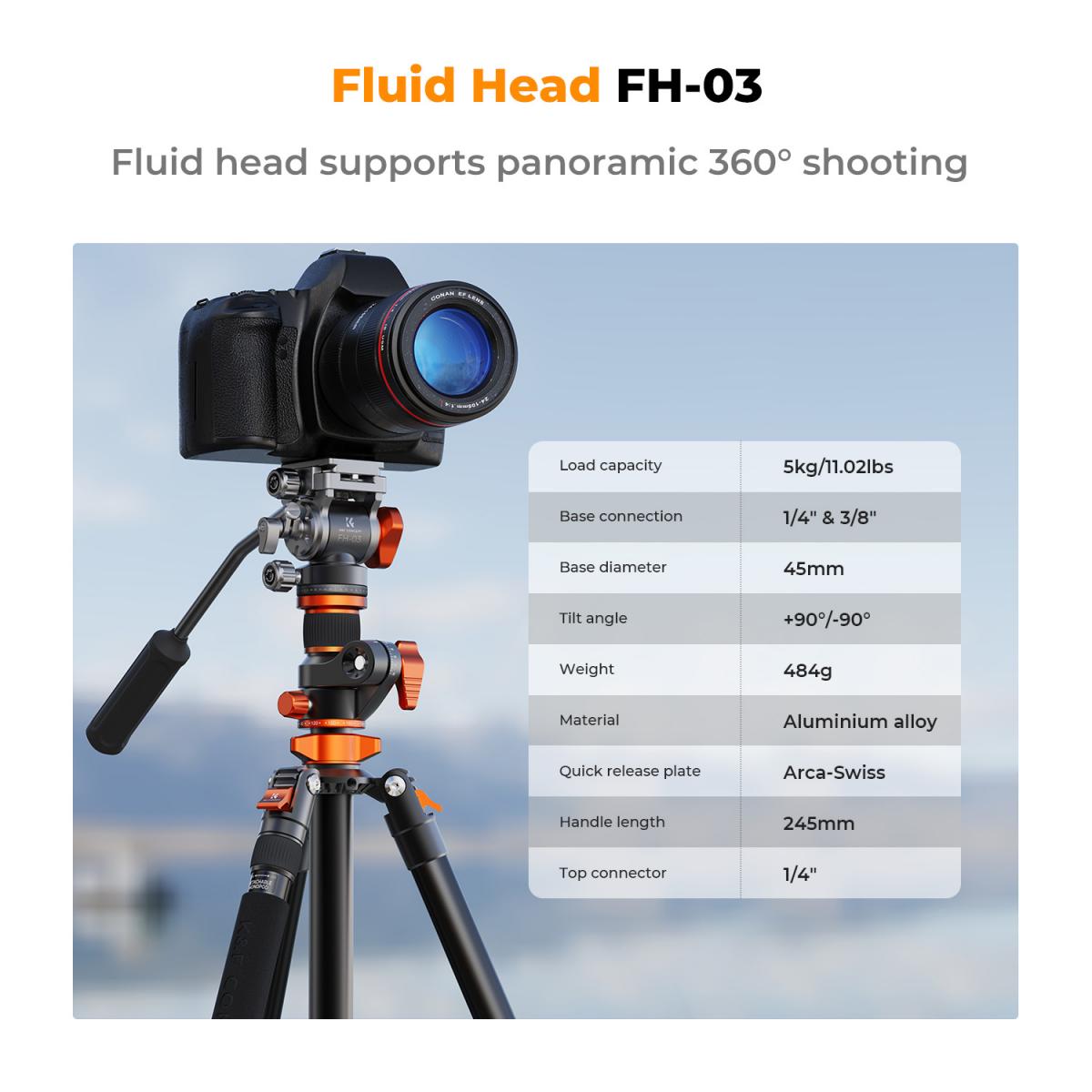 Fluid Video Monopod 91 Inch/2.3M 360 K&F Concept - KENTFAITH