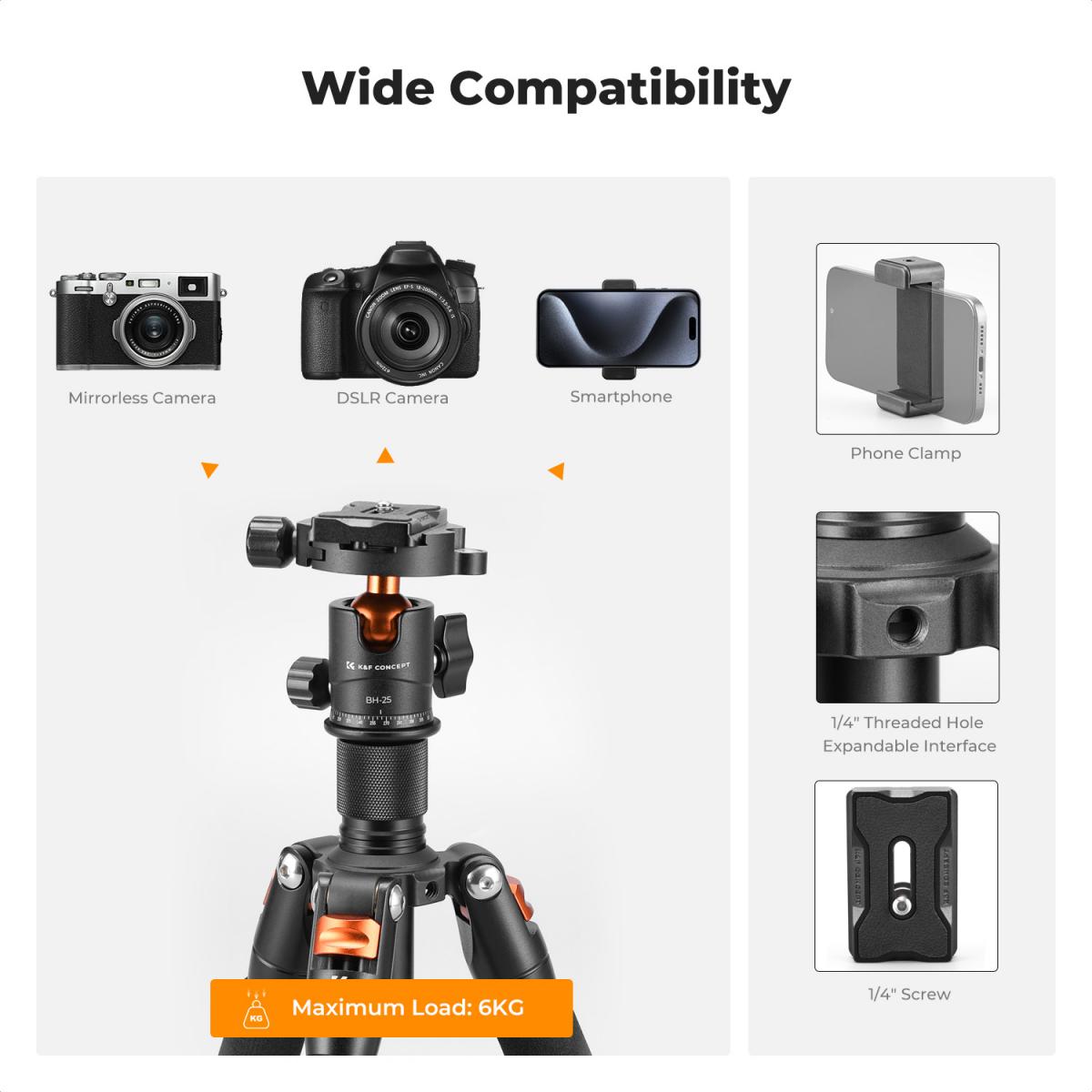 Camcorder Mini Tripod 20.5''/ 52Cm 360° 1/4'' 6Kg K&F Concept - KENTFAITH