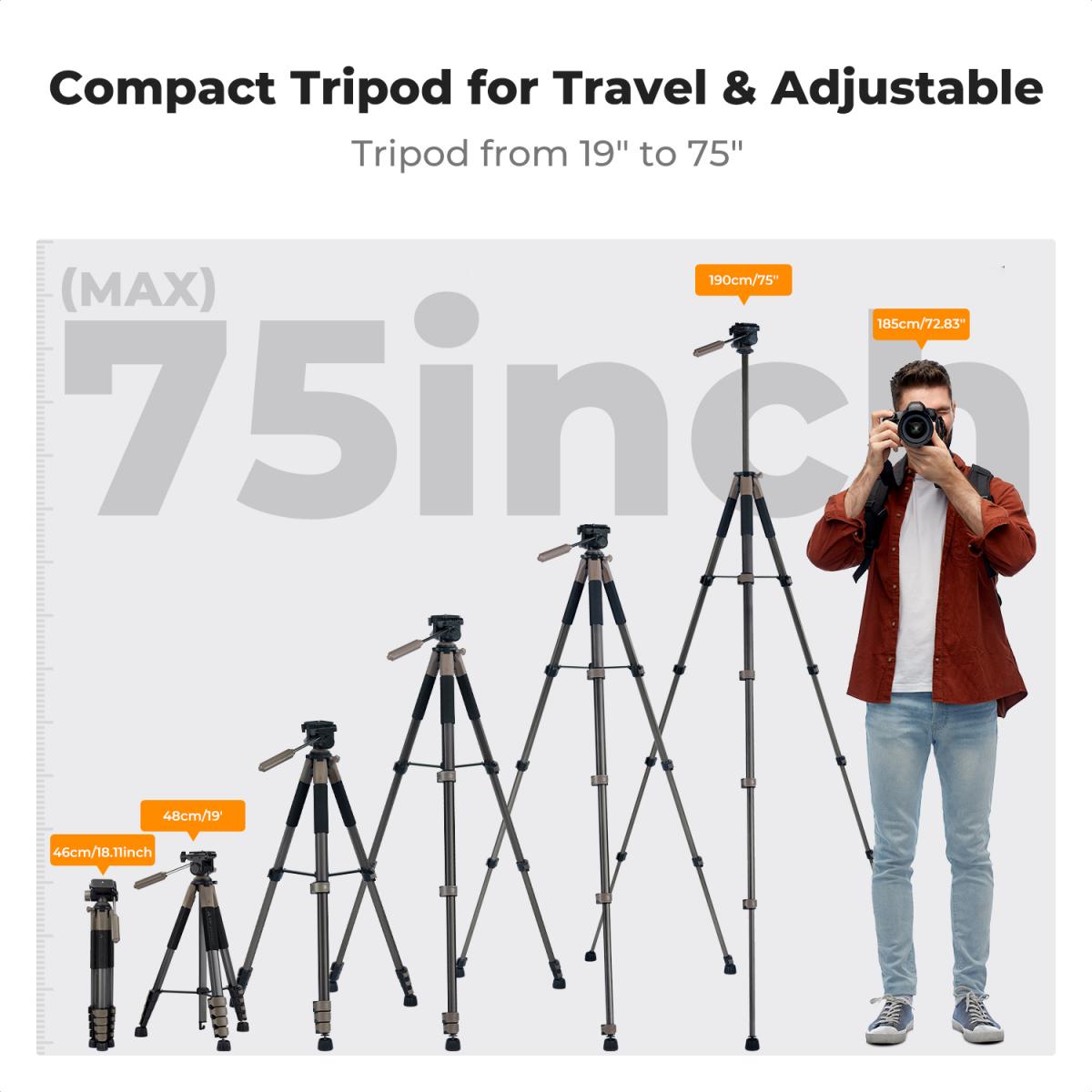 K&F Concept Camera Tripod, 75" Lightweight Portable Travel Outdoor DSLR ...