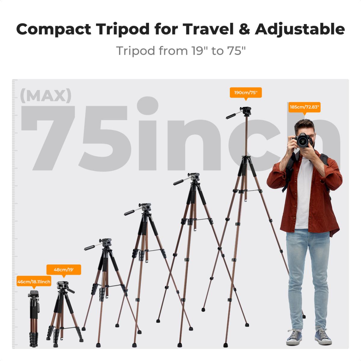 K&F Concept Camera Tripod, 75" Lightweight Portable Travel Outdoor DSLR ...