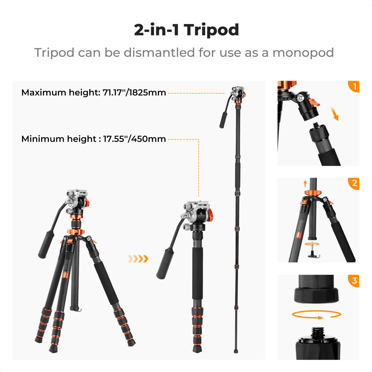 67"/1.7m Carbon Fiber Lightweight Camera Tripod with Hydraulic Video ...