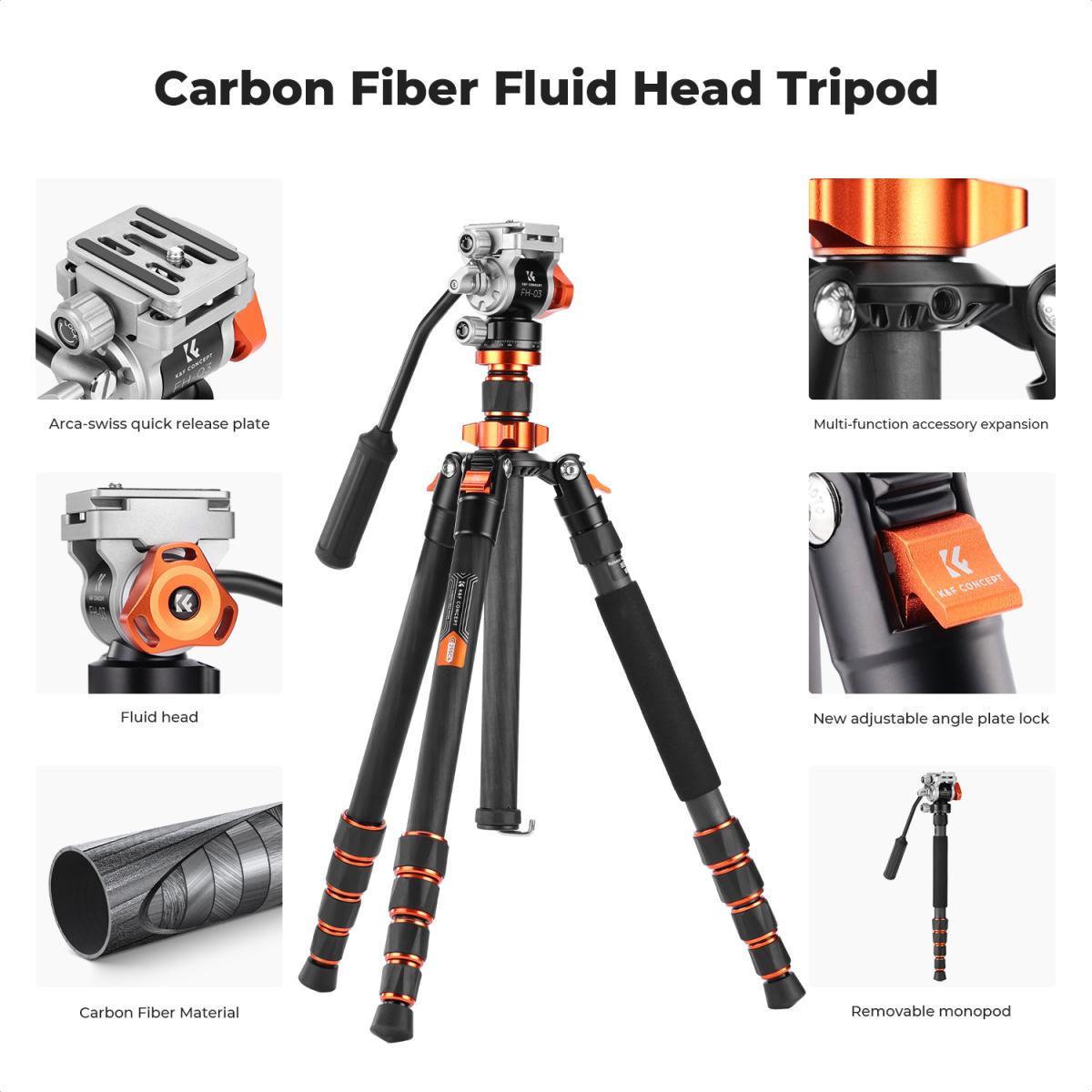67"/1.7m Carbon Fiber Lightweight Camera Tripod with Hydraulic Video ...