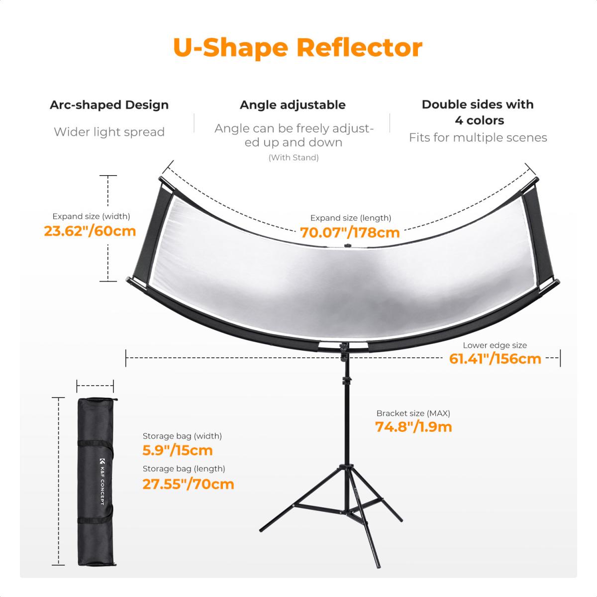 Curved Reflector 180x60cm with 4-in-1 Reflective Fabric and 1.9m Stand ...
