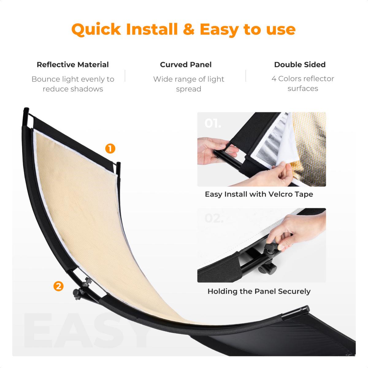 Curved Reflector 180x60cm with 4-in-1 Reflective Fabric and 1.9m Stand ...