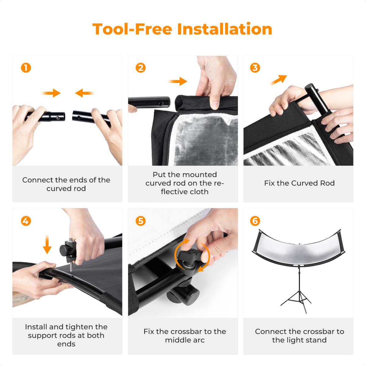 Curved Reflector 180x60cm with 4-in-1 Reflective Fabric and 1.9m Stand ...