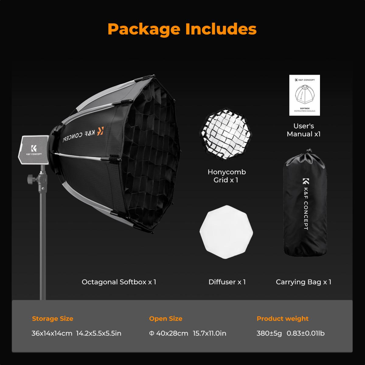 15.75" / 40cm Mini Octagonal Softbox for Mini Bowens Mount PL-60B COB ...