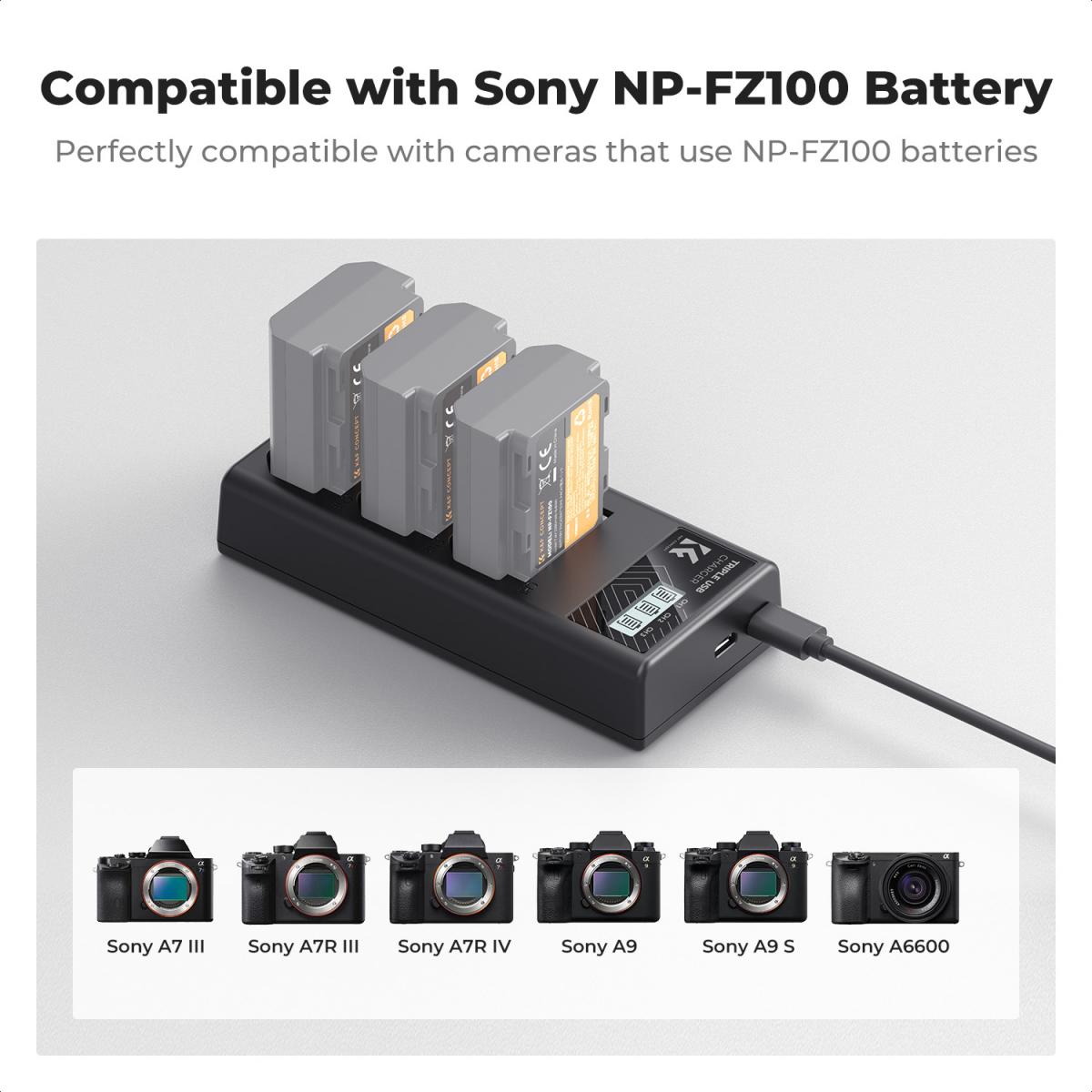K&F Concept NP-FZ100 Charger, 3-Slot A7iii Battery Charger with LCD ...