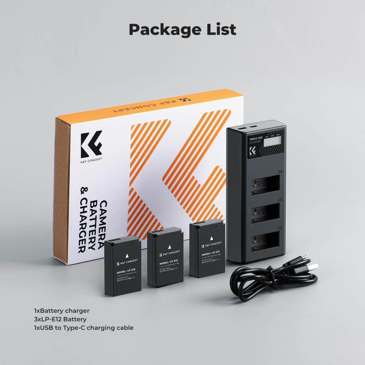 K&F Concept LP-E12 Battery 3-Pack and Upgraded LCD EOS M50 Battery ...