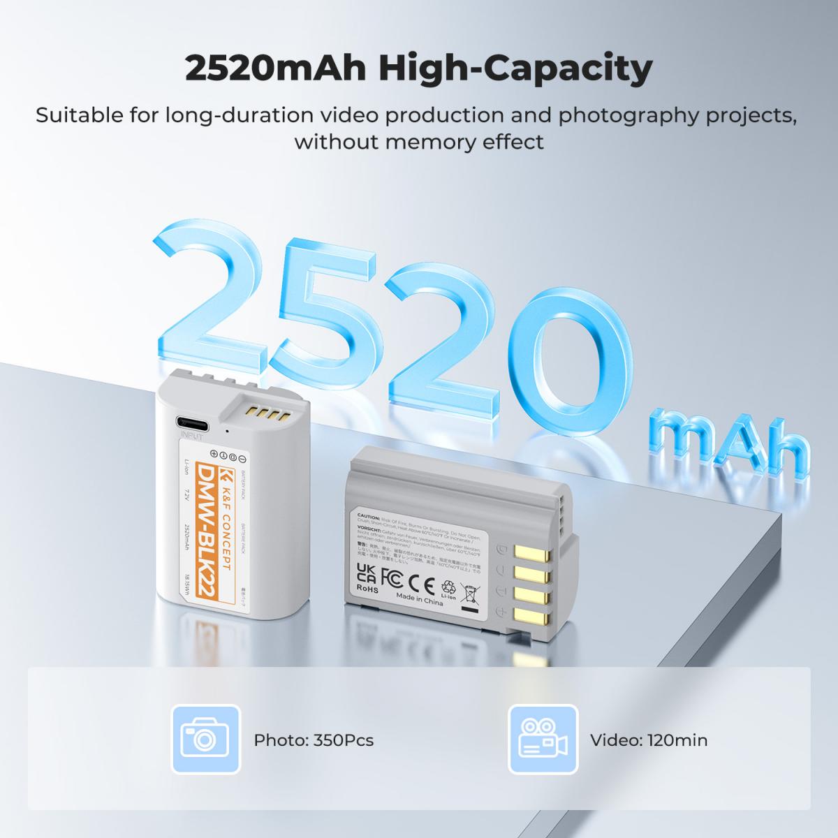 2520mAh DMW-BLK22 Battery, 2-Pack USB-C 2.5H Full Charged BLK22 Battery ...