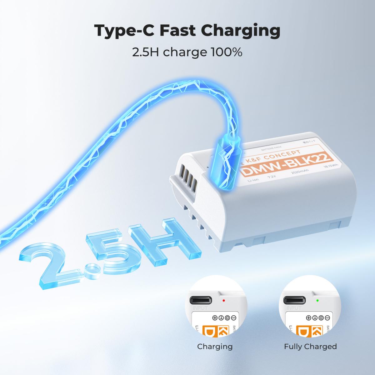 2520mAh DMW-BLK22 Battery, 2-Pack USB-C 2.5H Full Charged BLK22 Battery ...