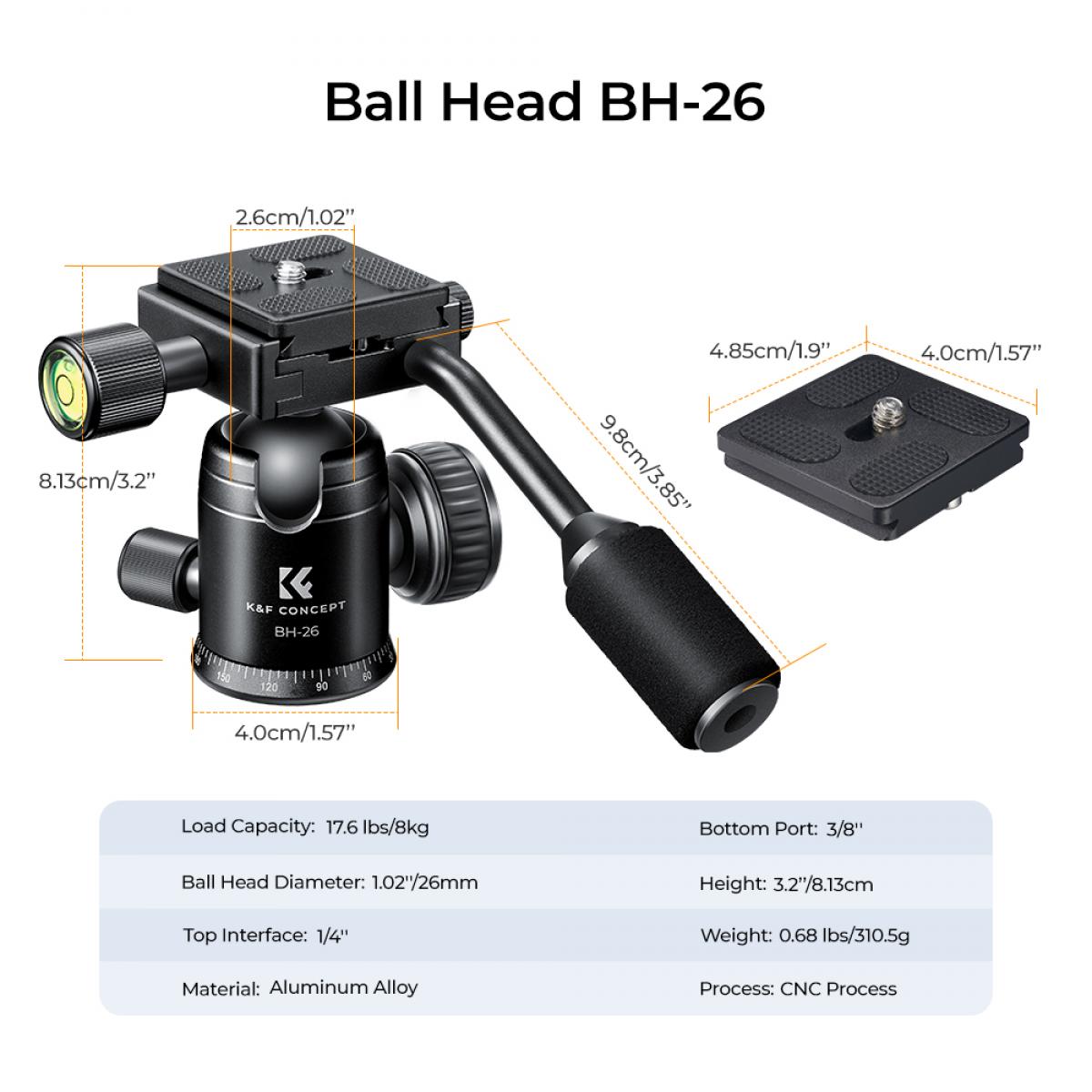360 Degree Rotating Tripod 26Mm 1/4 17.6 Lbs/8Kg - K&F Concept