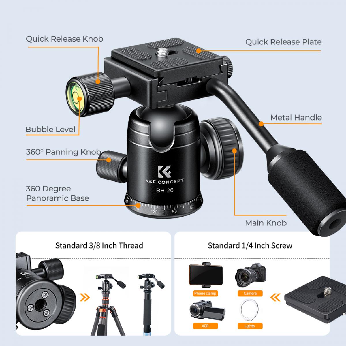 360 Degree Rotating Tripod 26Mm 1/4 17.6 Lbs/8Kg - K&F Concept