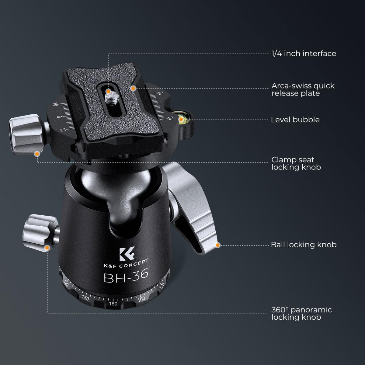 36mm Tripod Ball Head 35.3lbs/16kg Load - K&F Concept