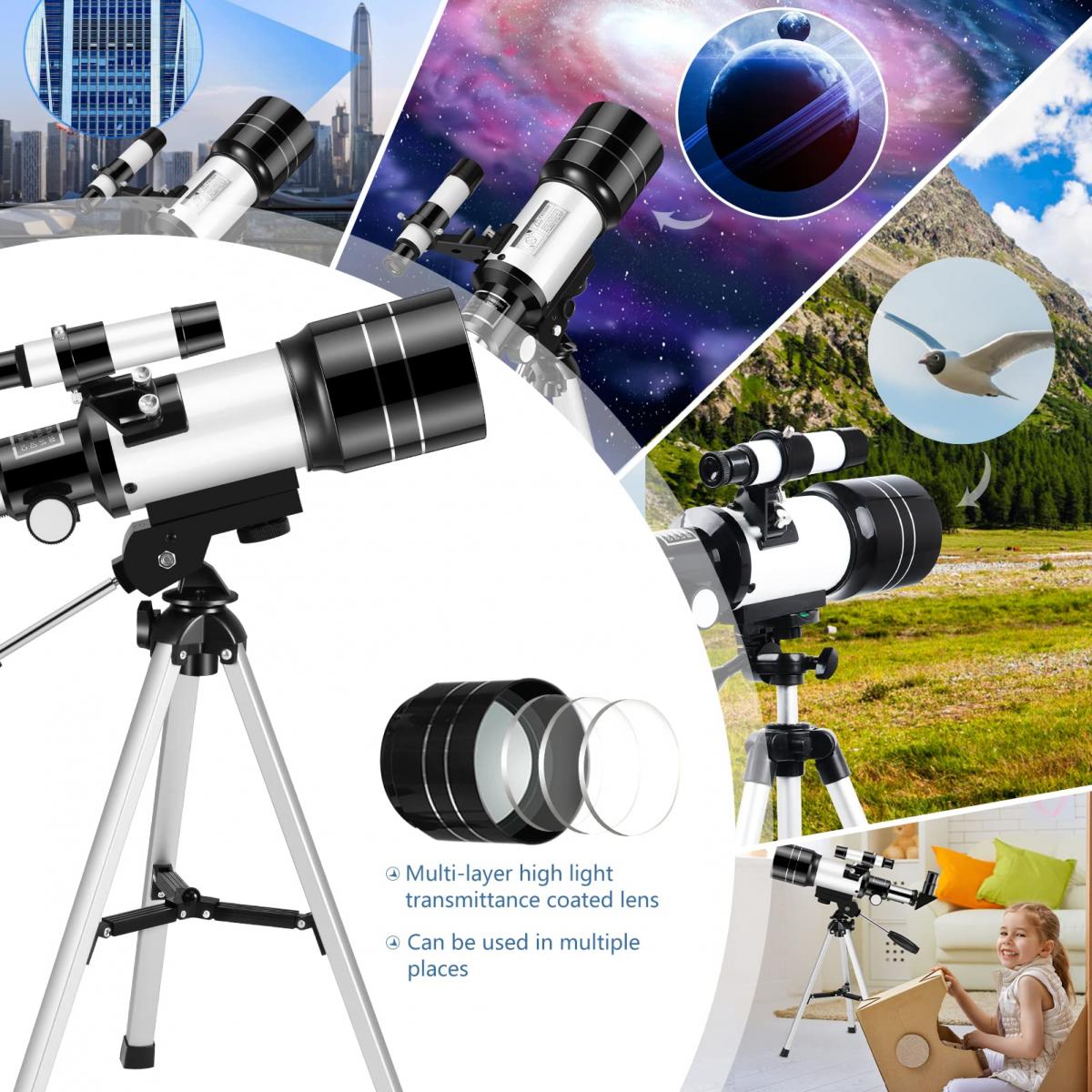 15X-150X Telescopio Astronómico Refractor Portátil de 70 mm con Soporte ...