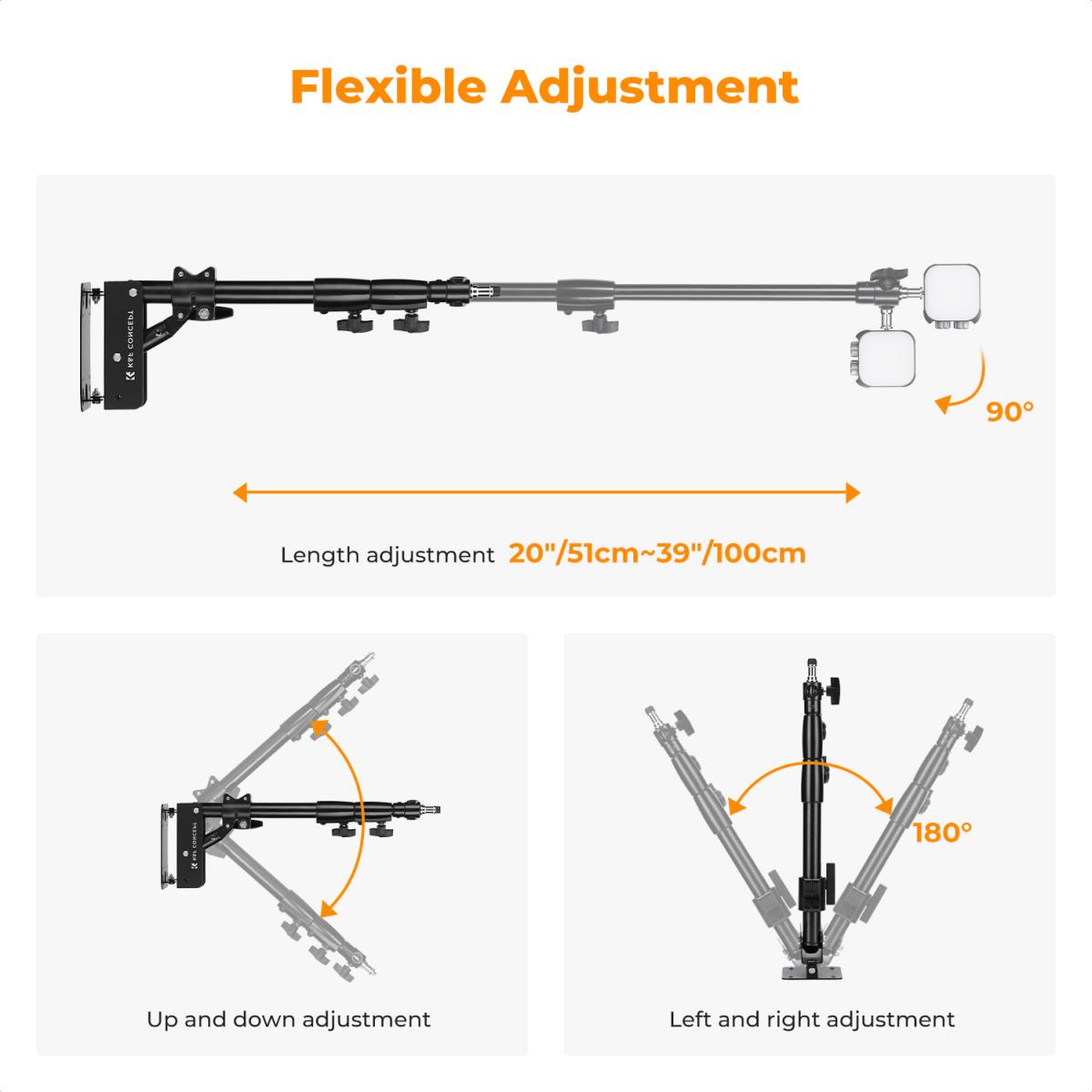 39.37"/100cm Wall-Mounted Bracket 180° Adjustable for Ring Lights ...